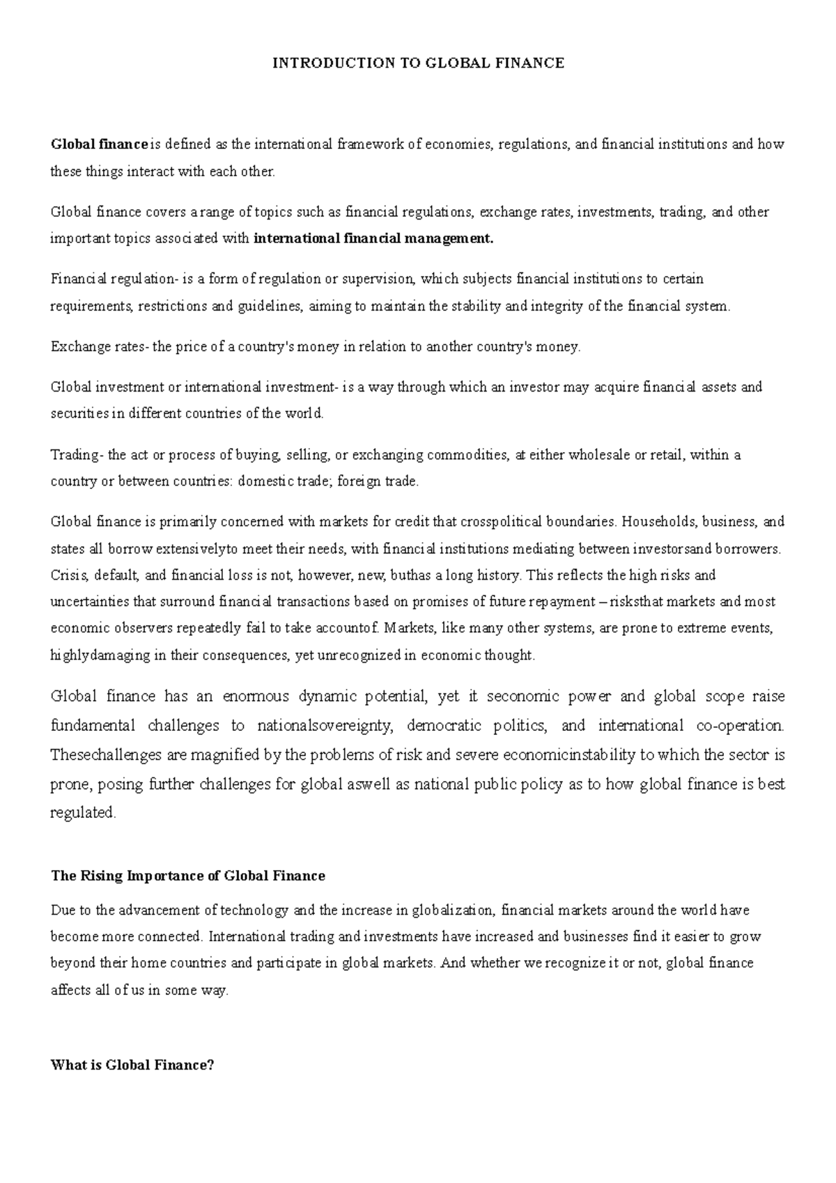 Introduction-TO- Global- Finance-1 - INTRODUCTION TO GLOBAL FINANCE ...