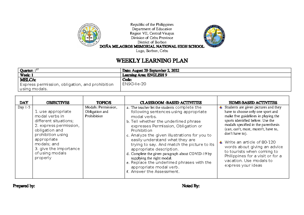 WLP - LEARNING PLAN - Republic of the Philippines Department of ...