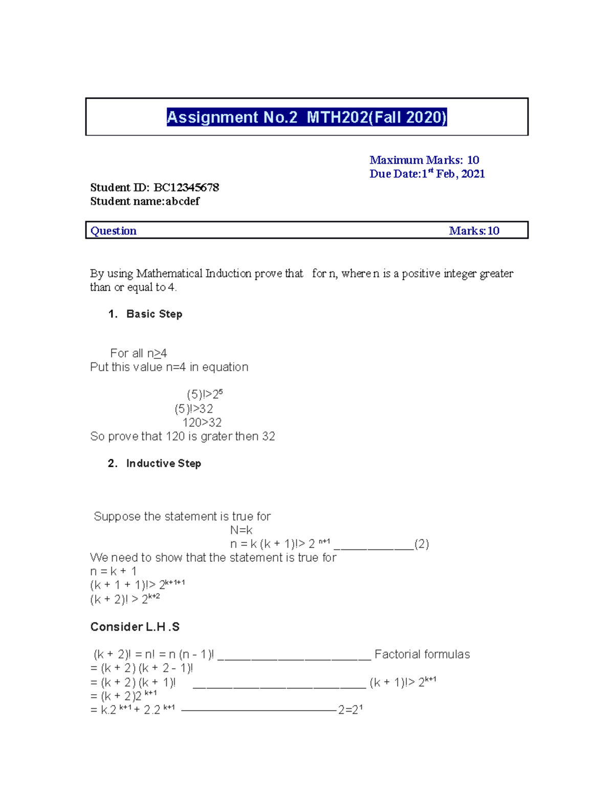 Bc180400465 mth202 - sdfg - Assignment No MTH202(Fall 2020) Maximum ...