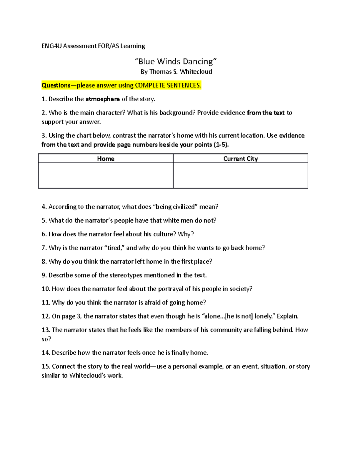 Blue Winds Dancing Questions - ENG4U Assessment FOR/AS Learning “Blue ...