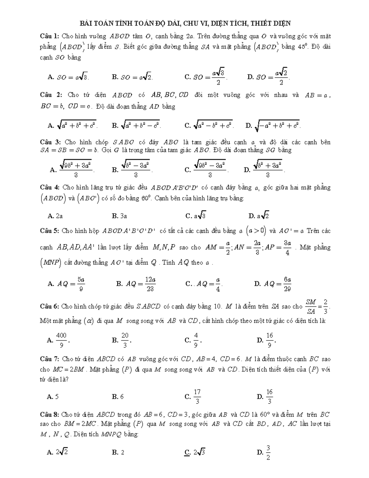 Một số BT tính toán - Mathematics - BÀI TOÁN TÍNH TOÁN ĐỘ DÀI, CHU VI ...