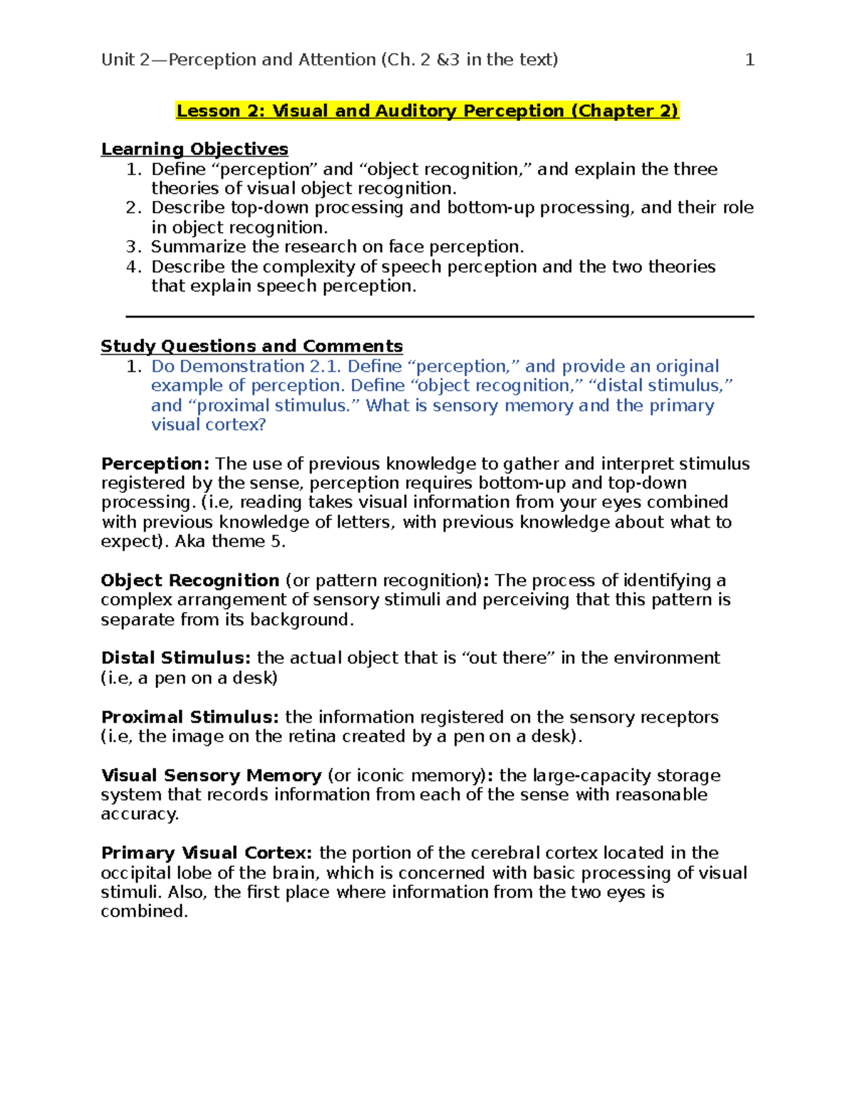 PSYC355 Unit 2 Peception Attention Conciousness Notes - Lesson 2 ...