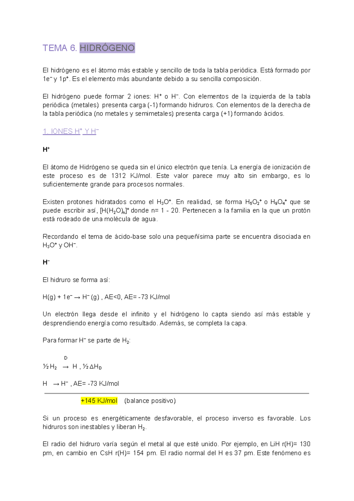 TEMA 6. Hidrógeno - TEMA 6. HIDRÓGENO El hidrógeno es el átomo más ...
