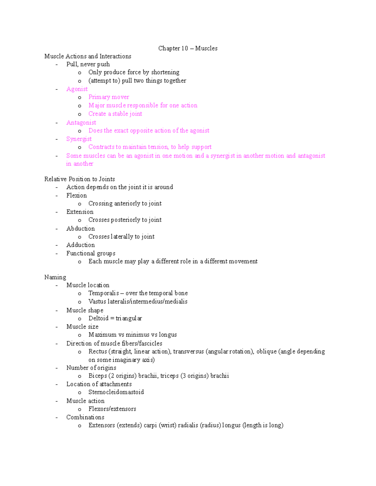 Chapter 10 notes (muscle) - Chapter 10 – Muscles Muscle Actions and ...
