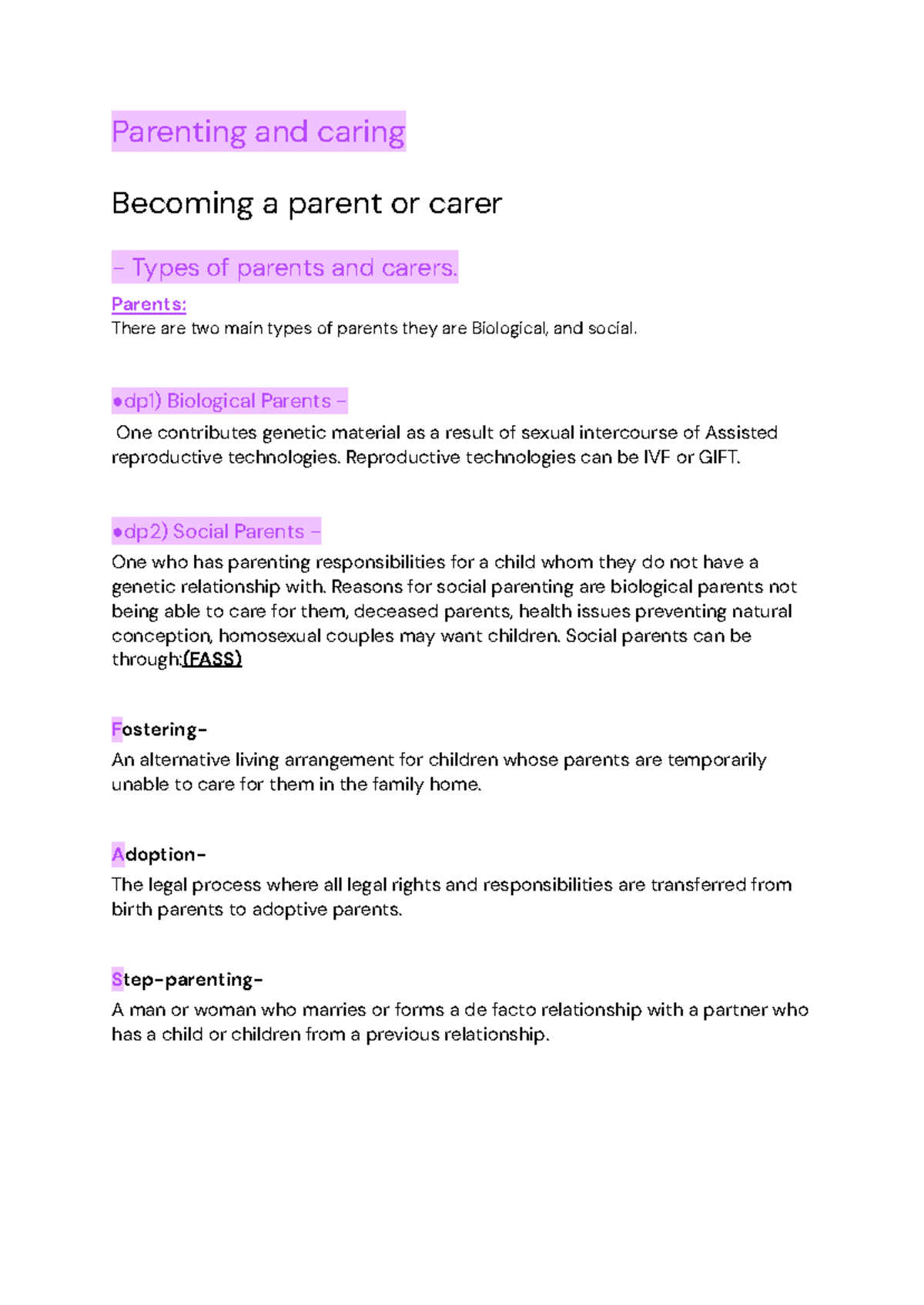Parenting and caring - this consists of an array of detailed study ...