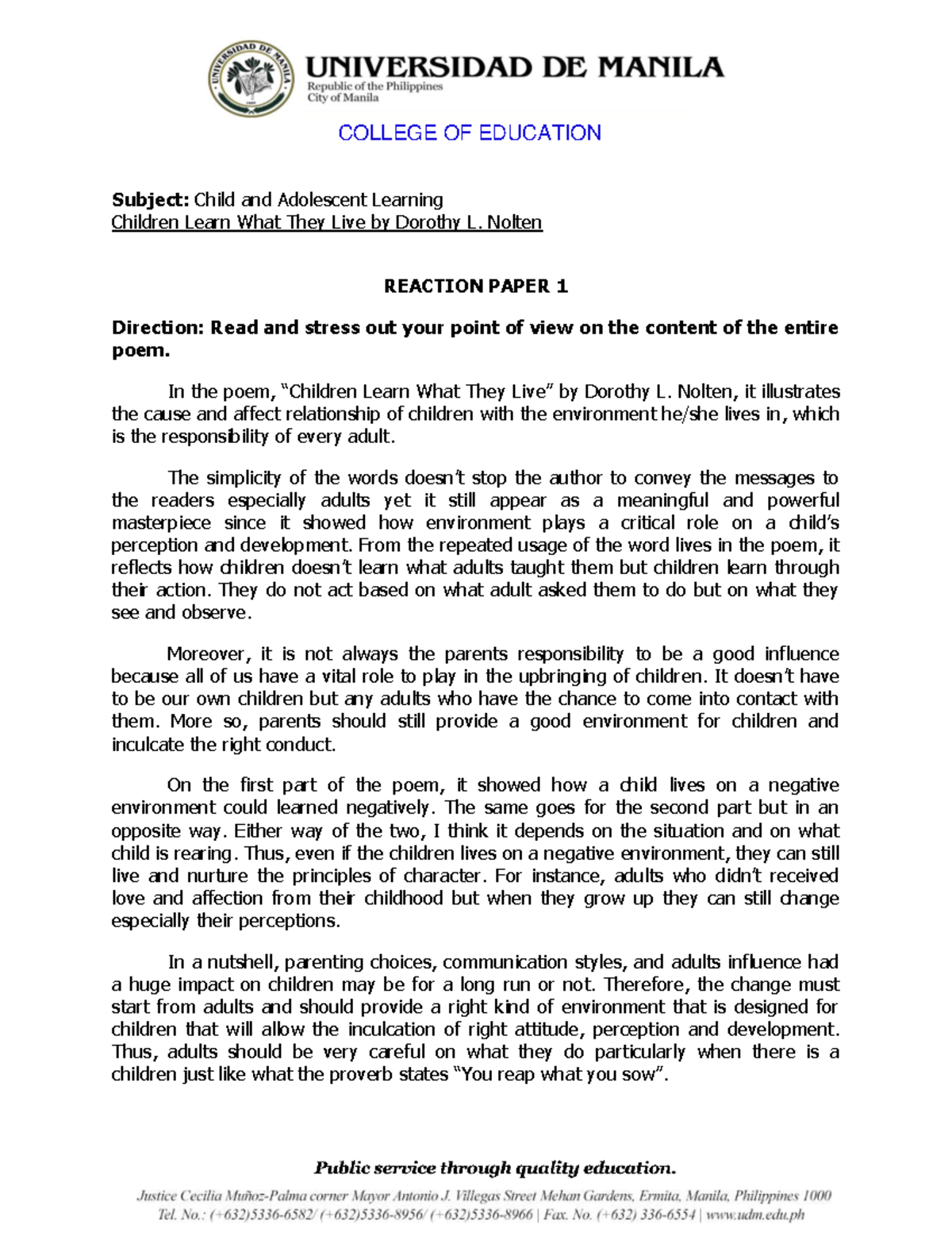 Children Learn by what they live by Dorothy L. Nolten - Reaction Paper ...