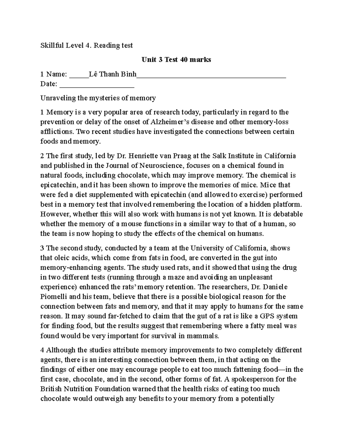 Reading 4 Unit 3 Test - Skillful Level 4. Reading test Unit 3 Test 40 ...