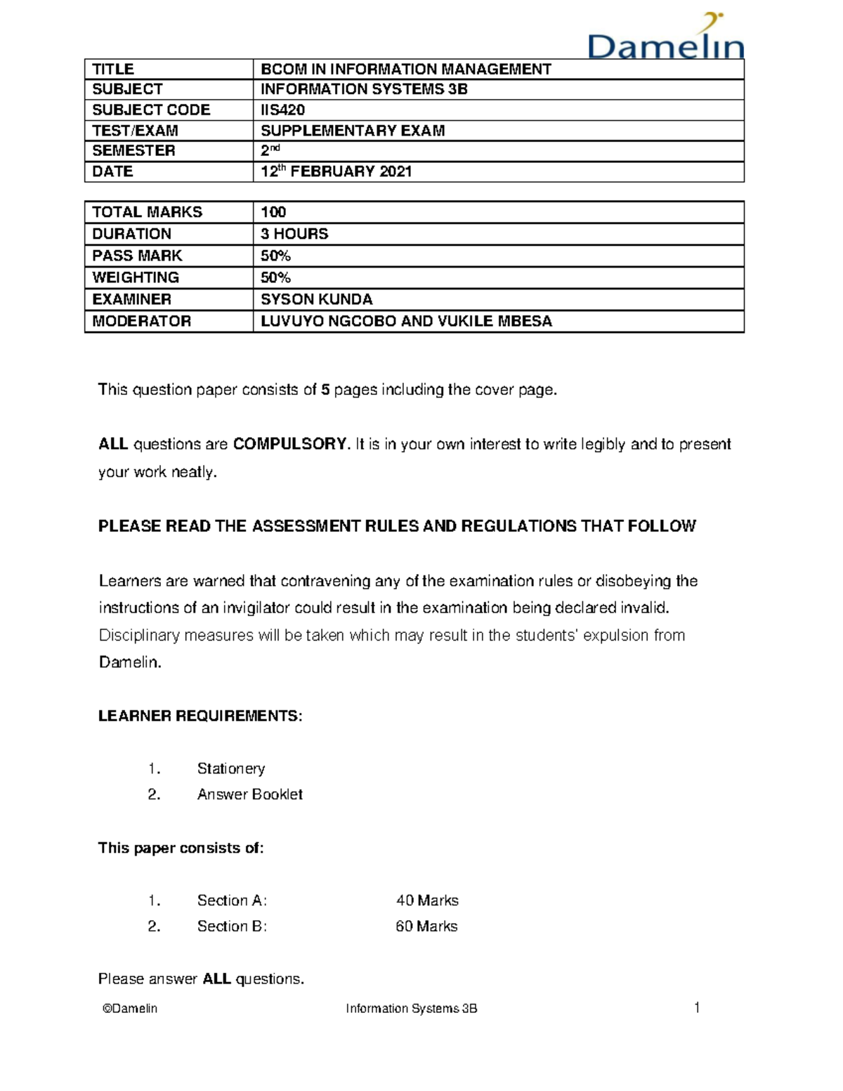 Information Systems 3B Supp Exam - TITLE BCOM IN INFORMATION MANAGEMENT ...