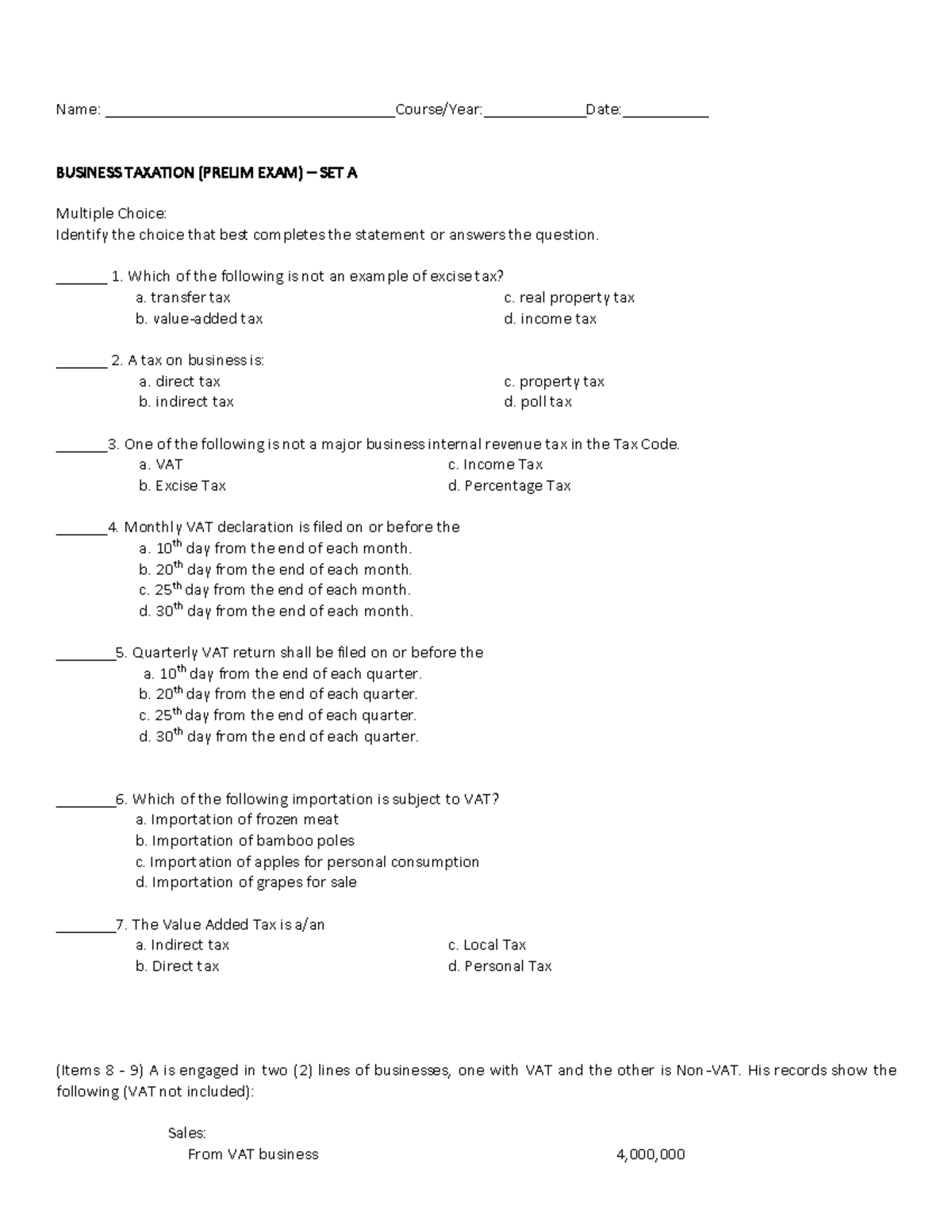 Bus Tax Sample questions. Practice questions and problems - Name: - Studocu
