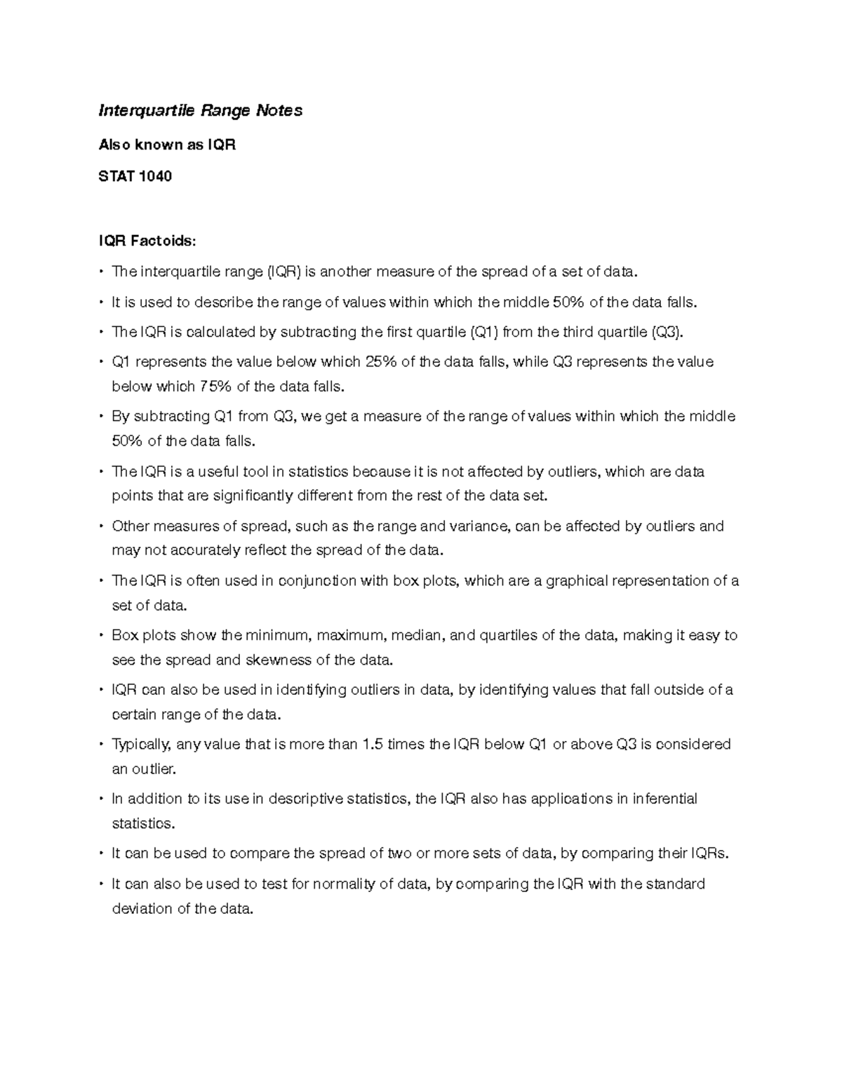 Interquartile Range (IQR) Notes - Interquartile Range Notes Also known ...