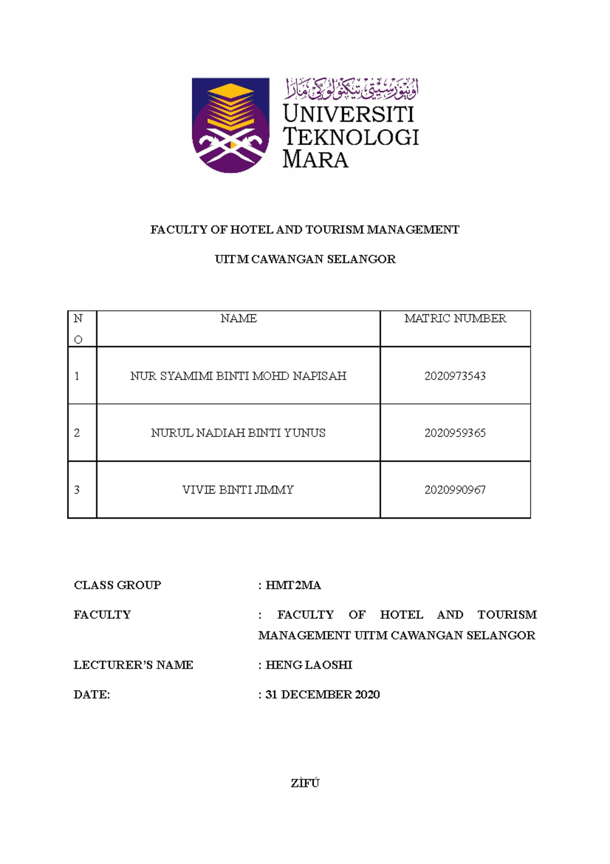 Mandarin Video Assignment Faculty Of Hotel And Tourism Management