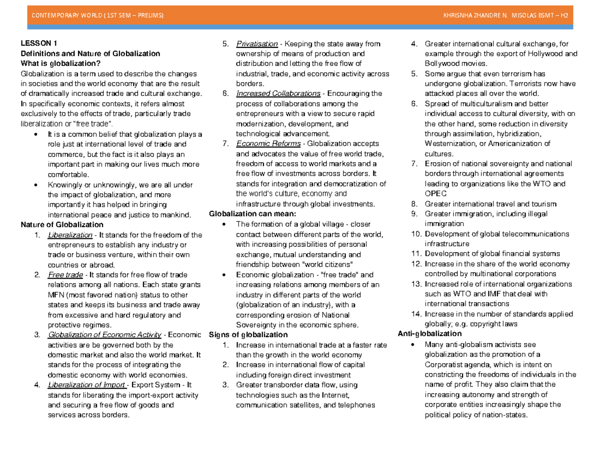 Contemporary World (1st sem - prelims) - LESSON 1 Definitions and ...