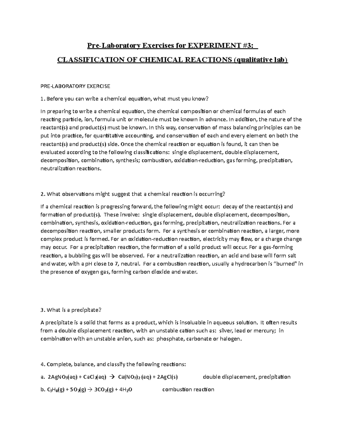 Pre-lab#3 - CLASSIFICATION OF CHEMICAL REACTIONS (qualitative lab ...