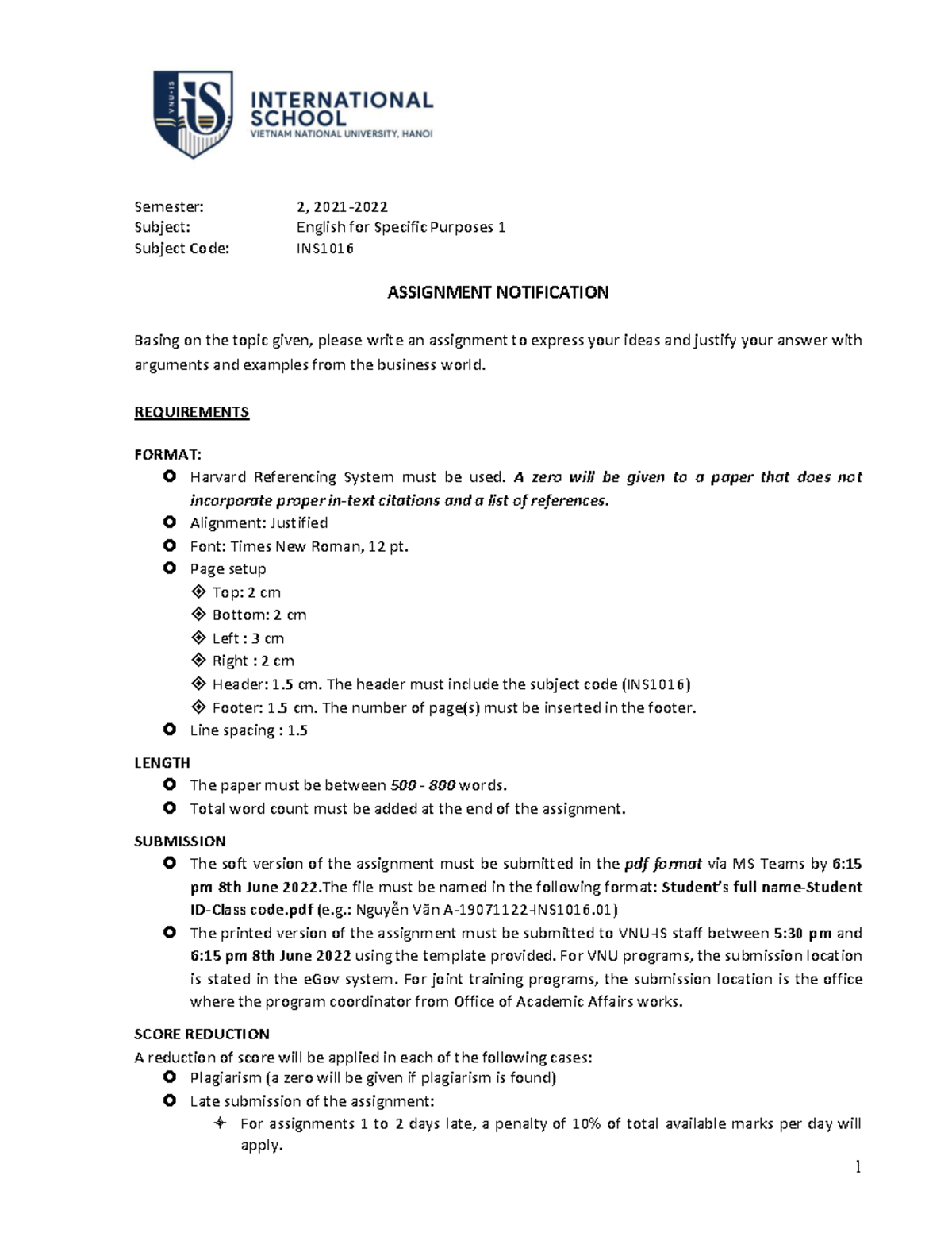 INS1016 Assignment requirements- HK2 2021-2022 - 1 Semester: 2, 2021 ...