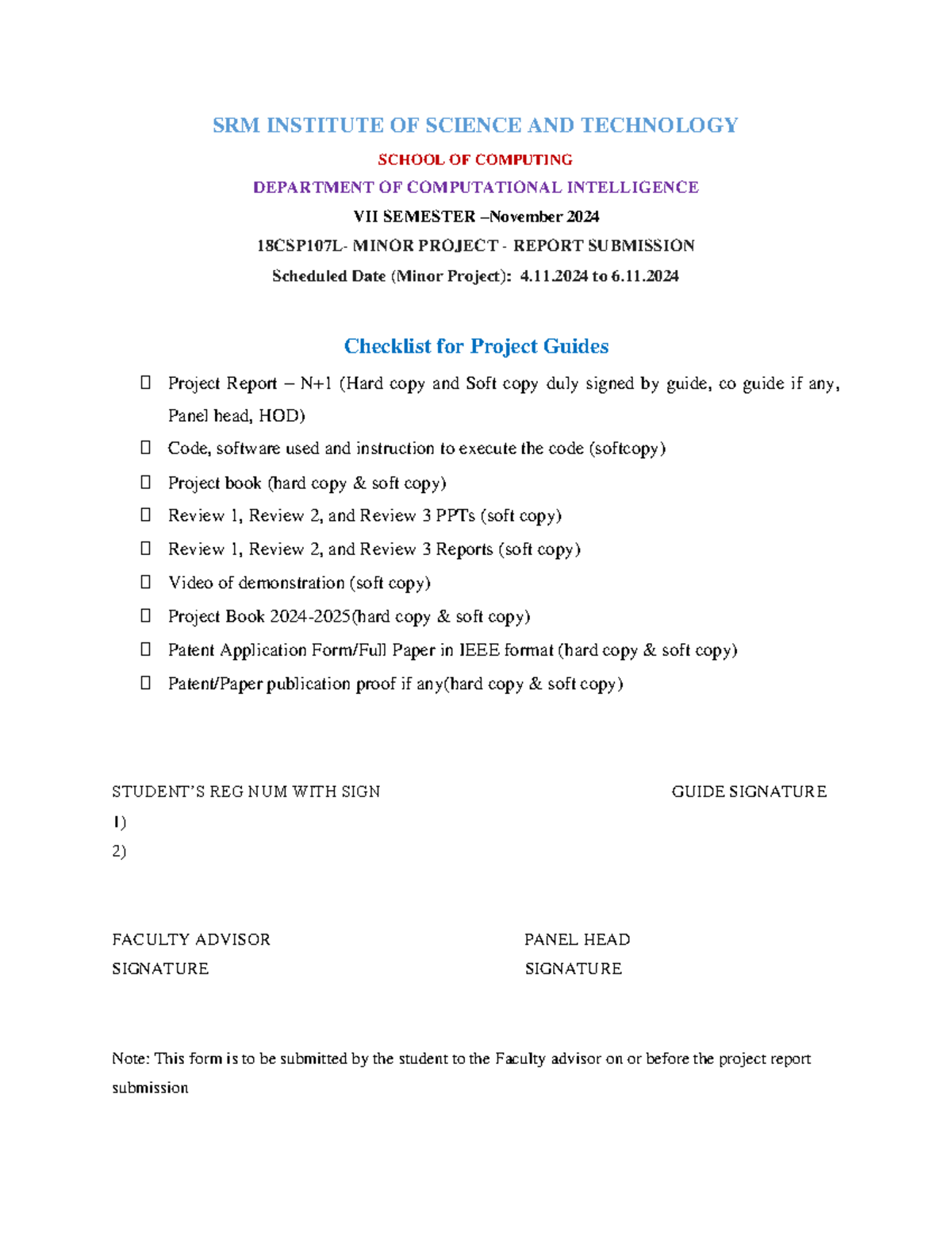 Checklist for guides Minor Project - SRM INSTITUTE OF SCIENCE AND ...