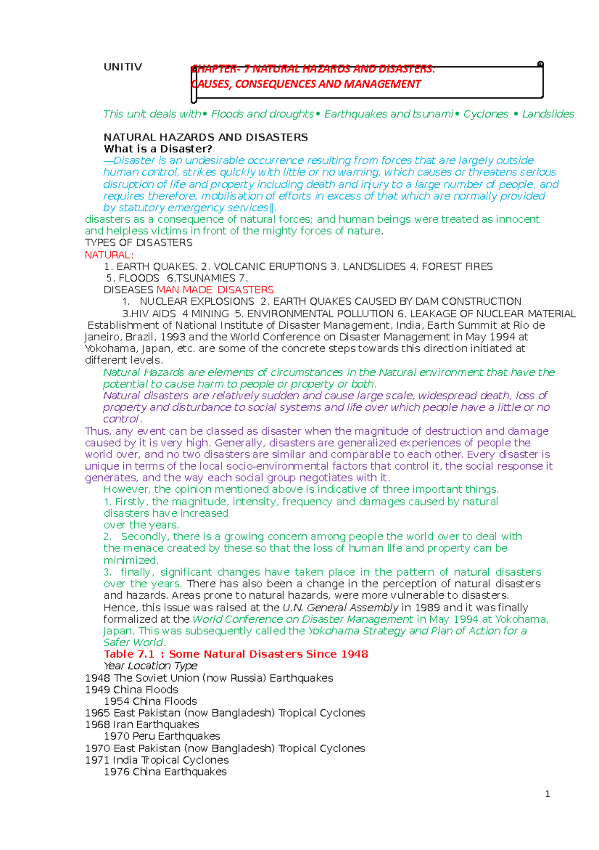 11 geography notes 23 natural hazards and disasters - UNITIV This unit ...