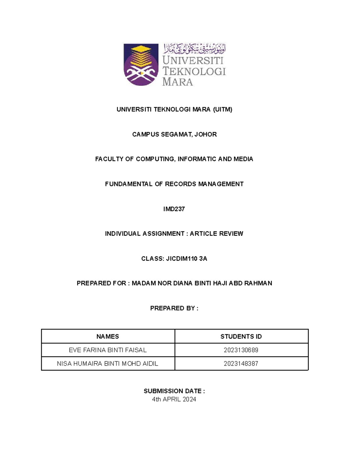 IMD237 - Individual Assignment EVE Farina Binti Faisal, NISA Humaira ...