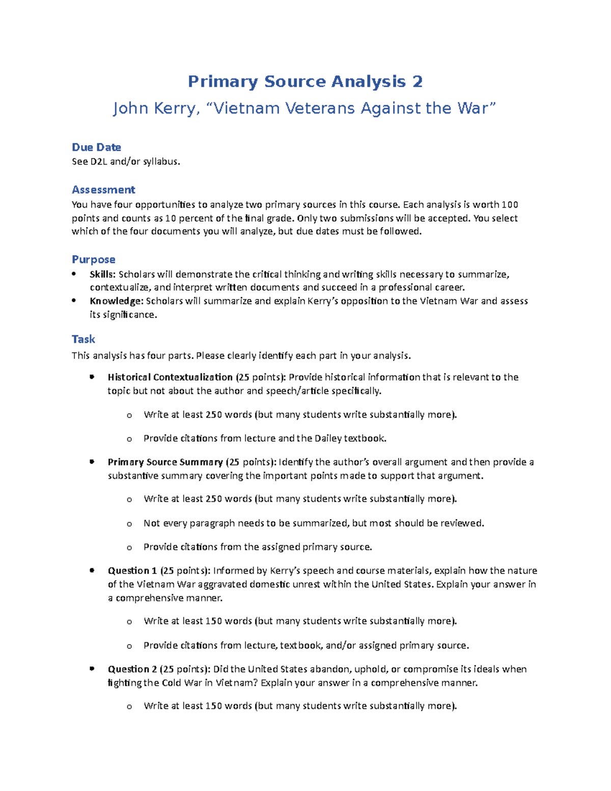 Analysis Kerry - Primary Source Analysis 2 John Kerry, “Vietnam ...