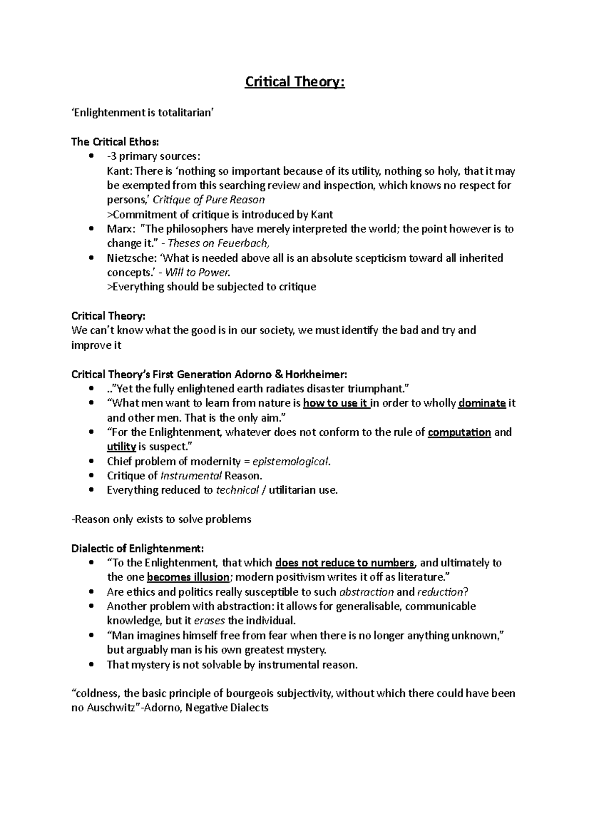 Critical Theory - Lecture notes 8 - Critical Theory: ‘Enlightenment is ...