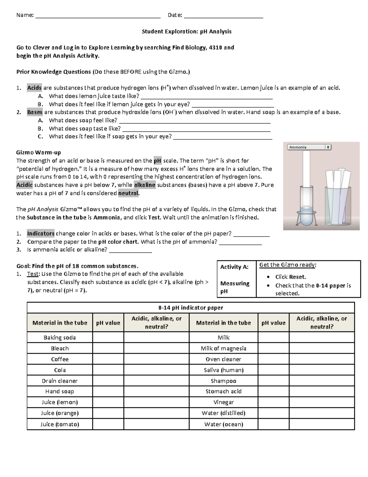 pH Analysis Activity: Measuring and Comparing pH of Substances - Studocu
