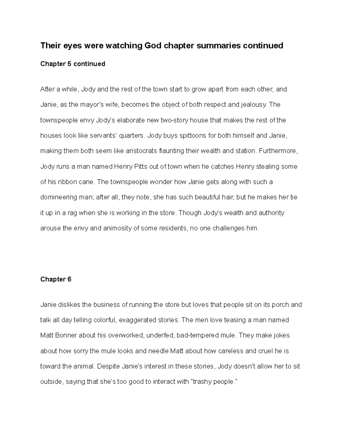 Their eyes were watching God chapter summaries continued 7 - The ...