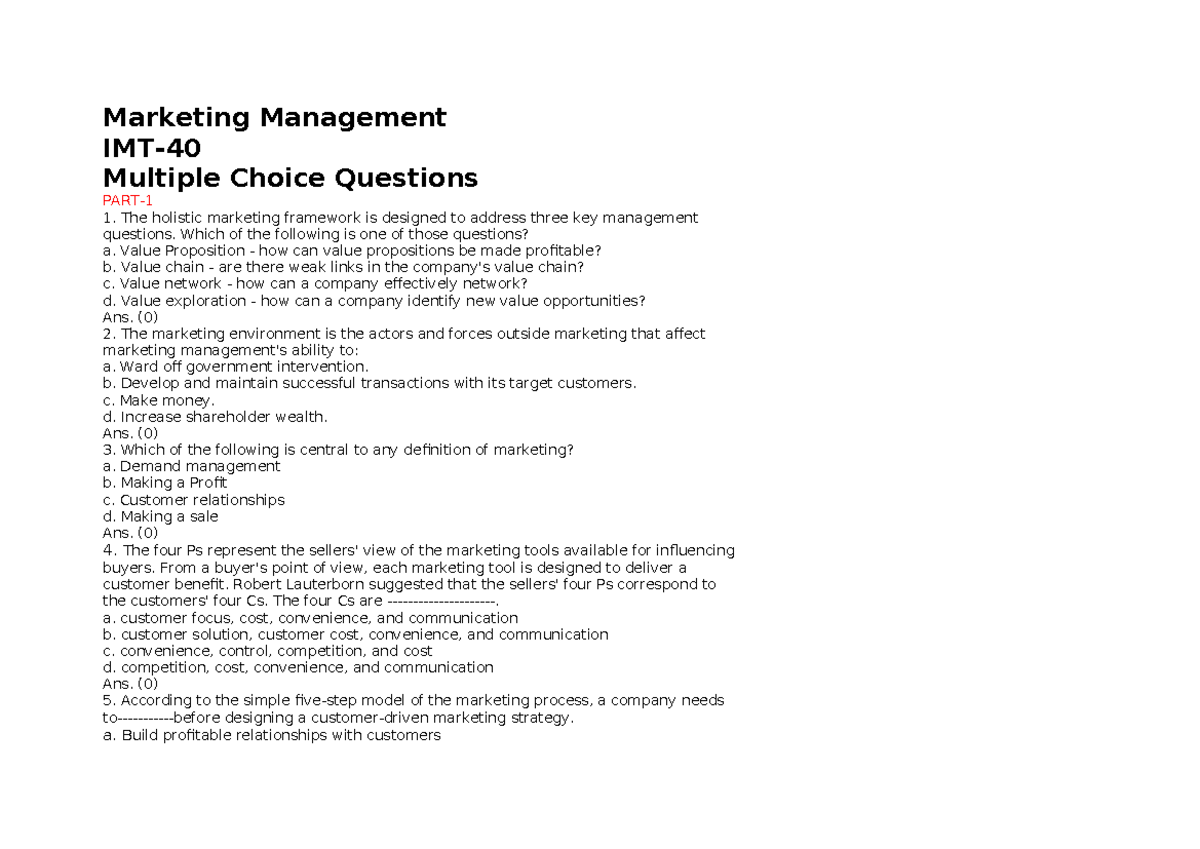 MKTC001 f - practice questions for marketing and management - Marketing ...