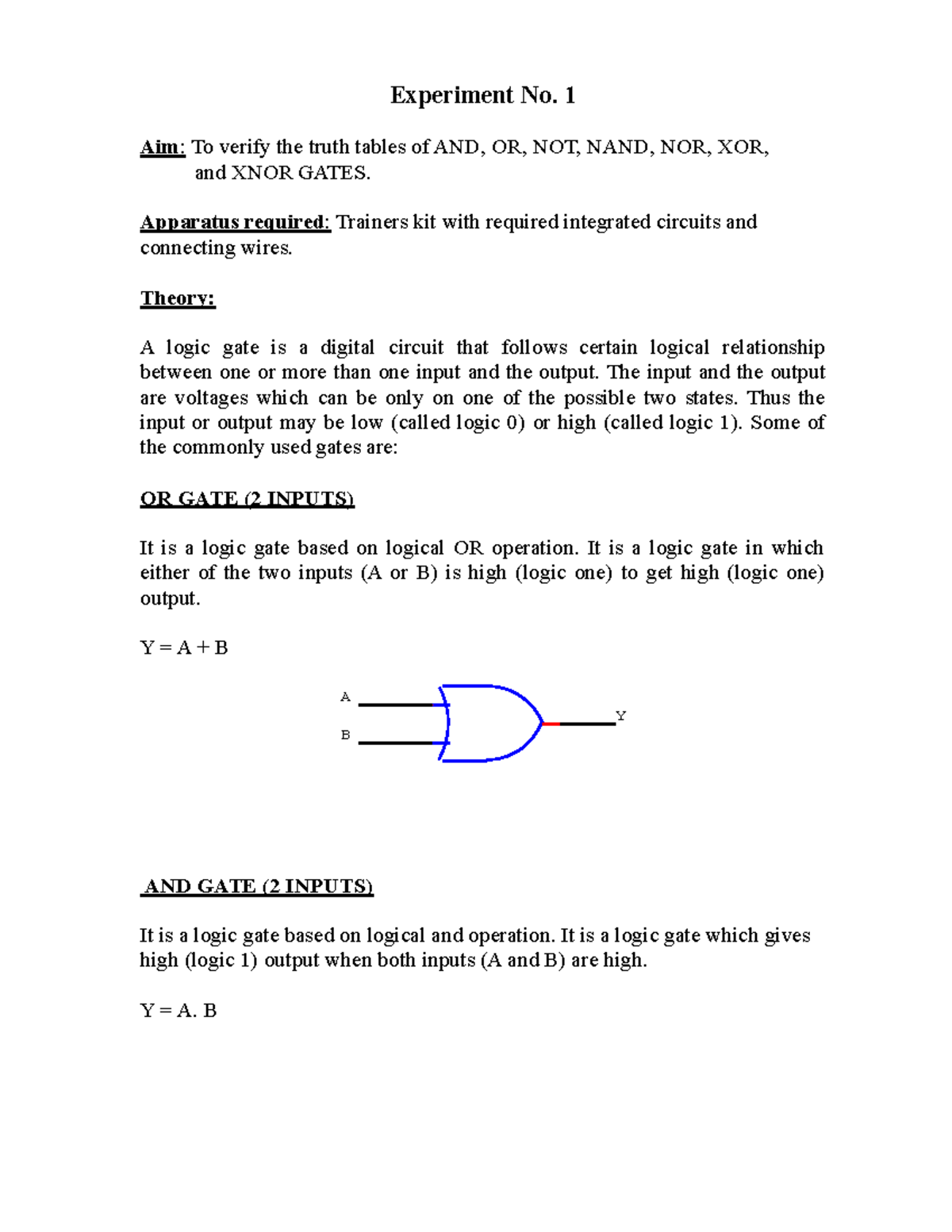 Experiment No1 coa - lecture notes - Experiment No. 1 Aim : To verify ...