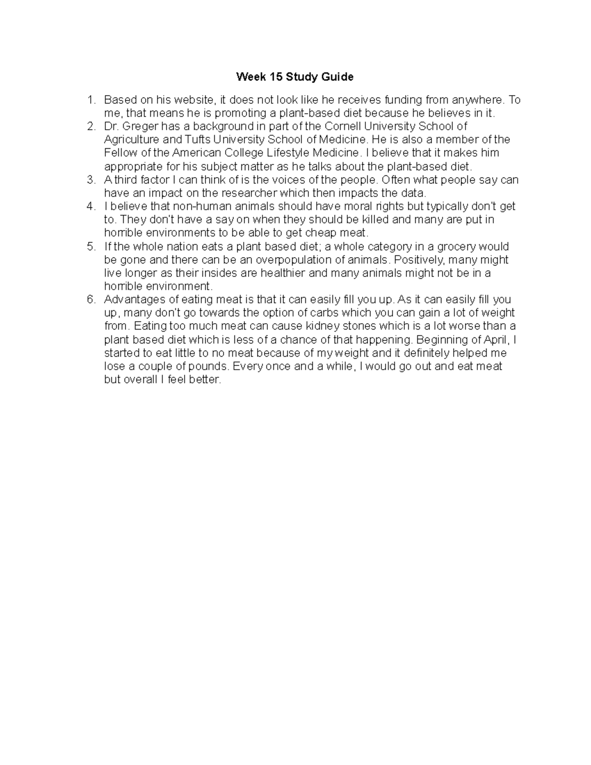 Week 15 Study Guide - Taylor Morgan - Week 15 Study Guide Based on his ...