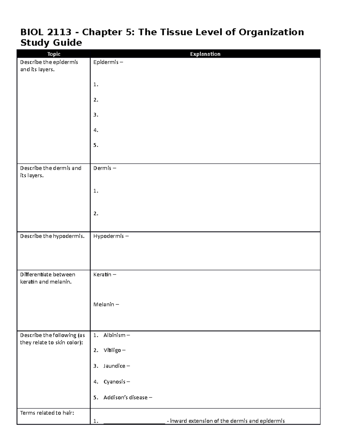 BIOL 2113 Ch5 Study Guide - BIOL 2113 - Chapter 5: The Tissue Level of Organization Study Guide ...