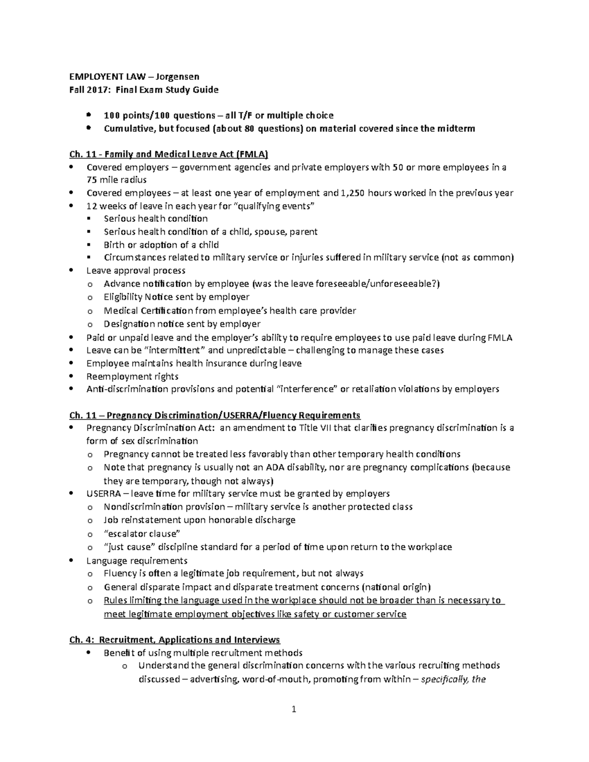 Final Exam Study Guide - Fall 2017 - EMPLOYENT LAW – Jorgensen Fall ...