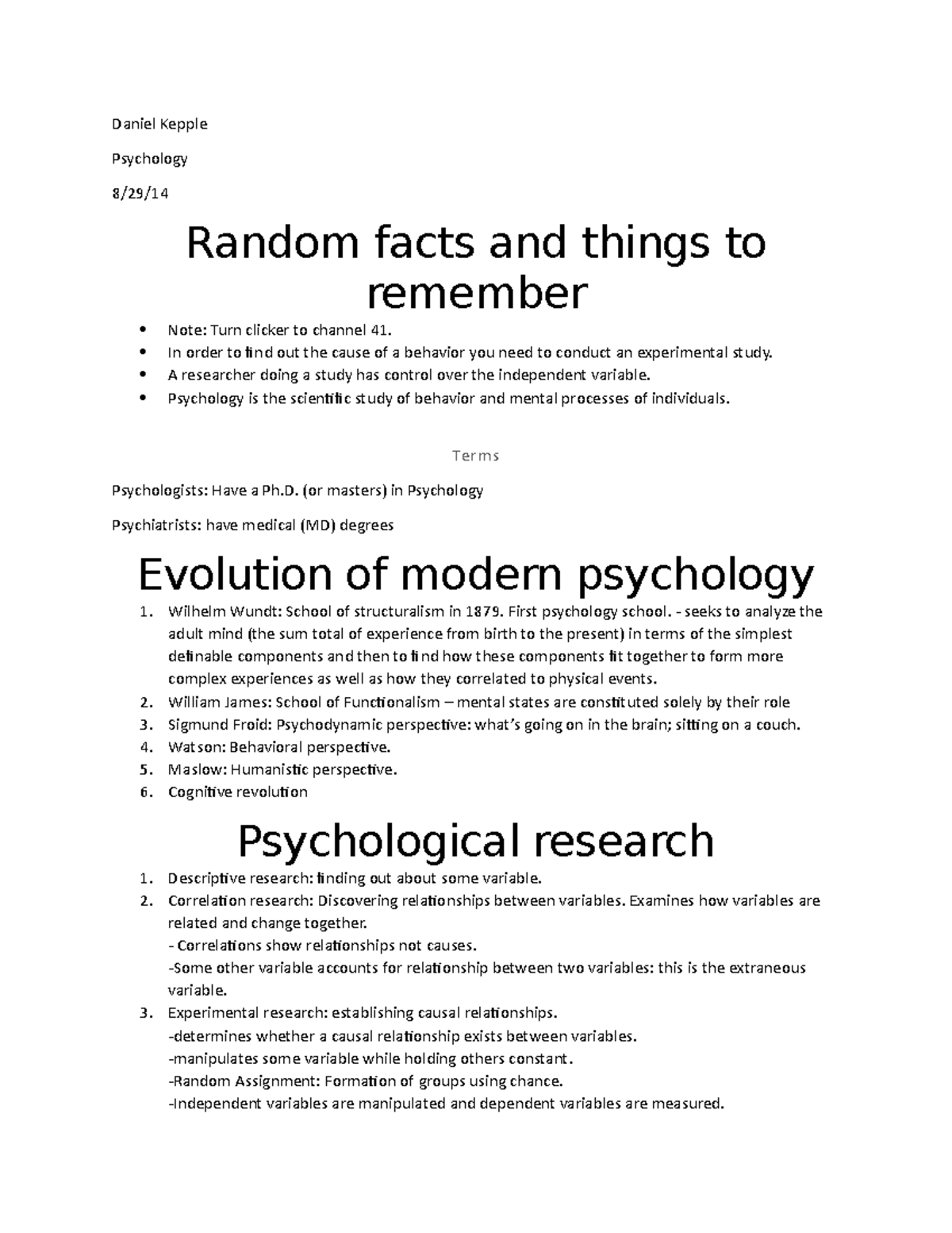 General Psychology notes lecture 1 - Daniel Kepple Psychology 8/29/14 ...