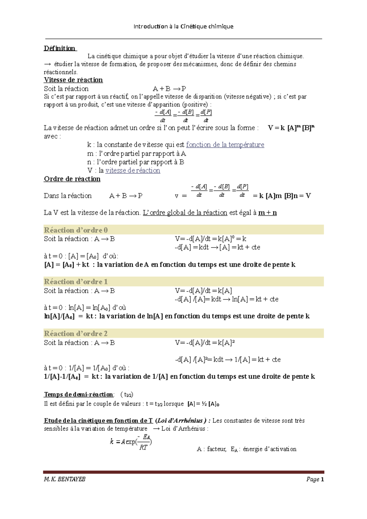 Ordre de réaction - - Studocu