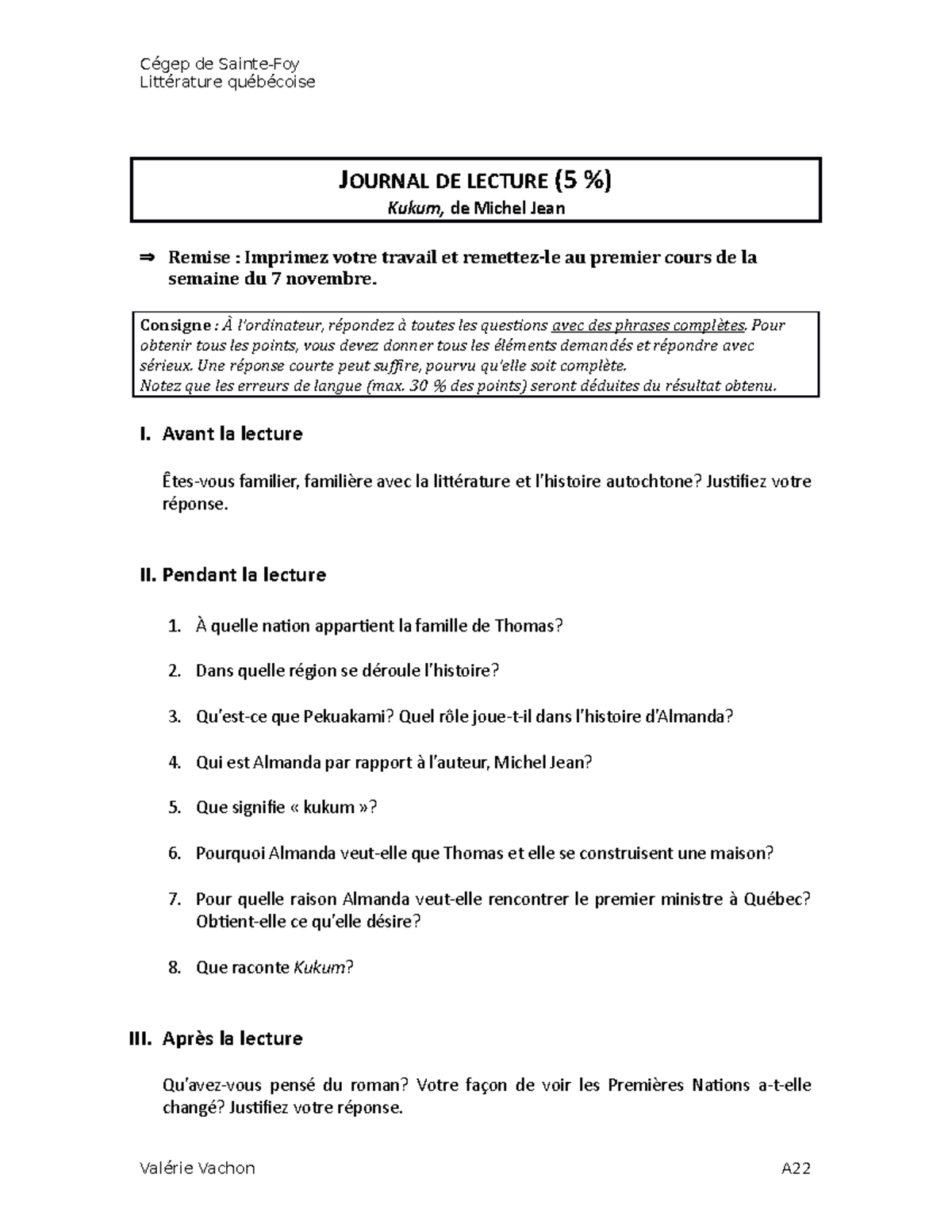 Journal de lecture Kukum - Cégep de Sainte-FoyLittérature québécoise ...
