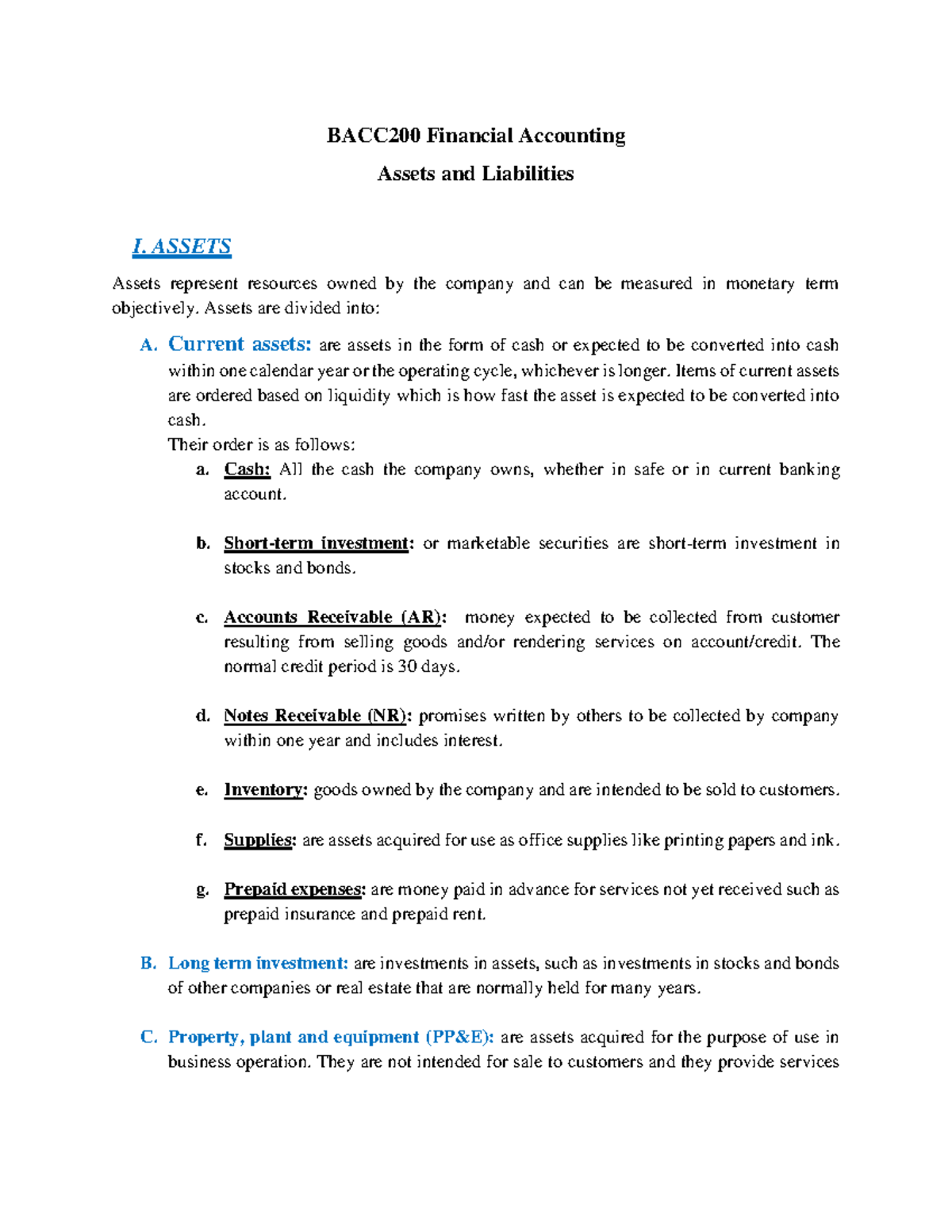 BACC200 Assets and Liabilities Definitions - BACC200 Financial ...