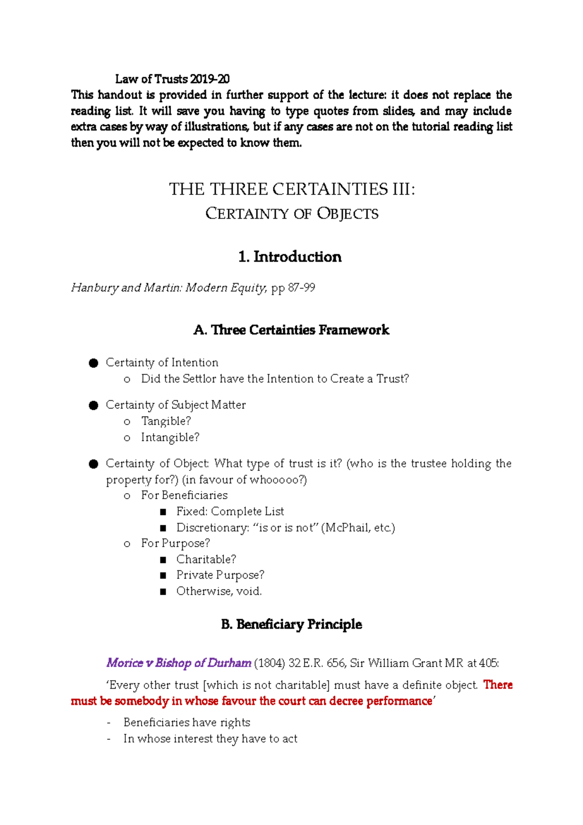 Certainty of Objects Lecture - Law of Trusts 2019- This handout is provided in further support ...