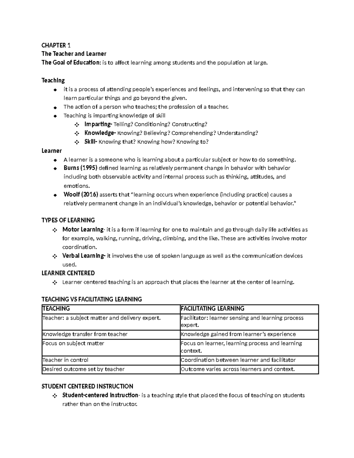 LTS Reviewer Chapter 123 - CHAPTER 1 The Teacher and Learner The Goal ...