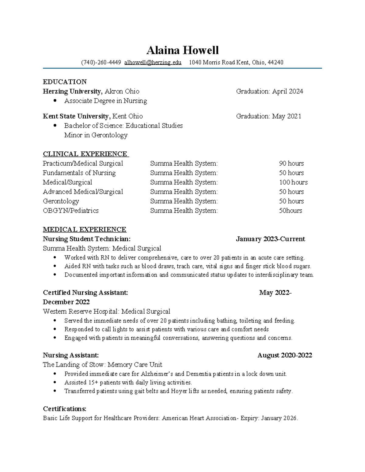Resume - Alaina Howell (740)-260-4449 alhowell@herzing 1040 Morris Road ...