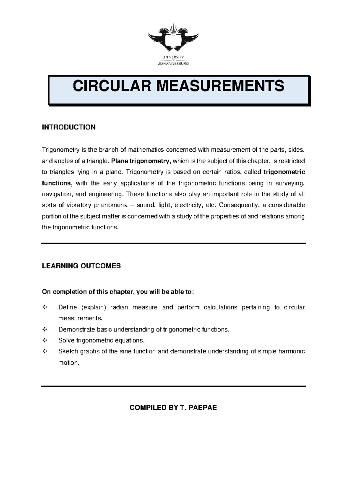 Circular Measurements for First Year Students doing engineering at ...