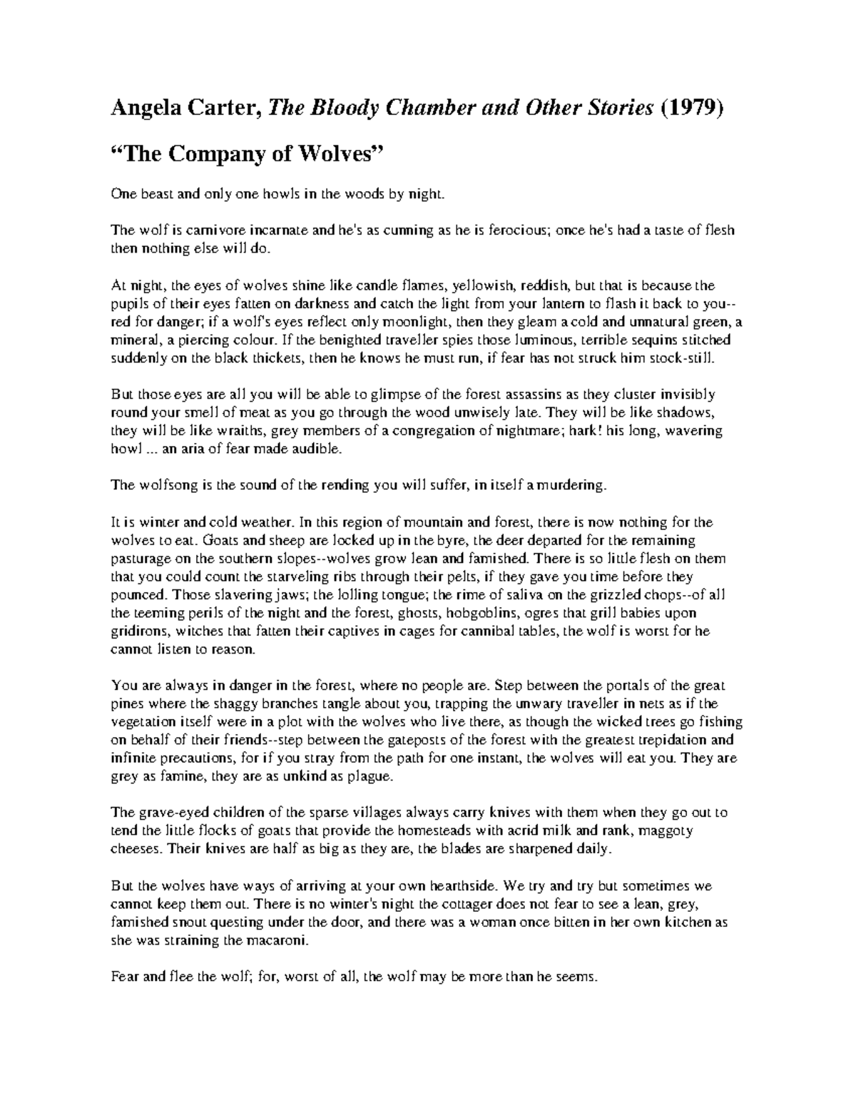 Angela Carter - The Company of Wolves - Angela Carter, The Bloody ...