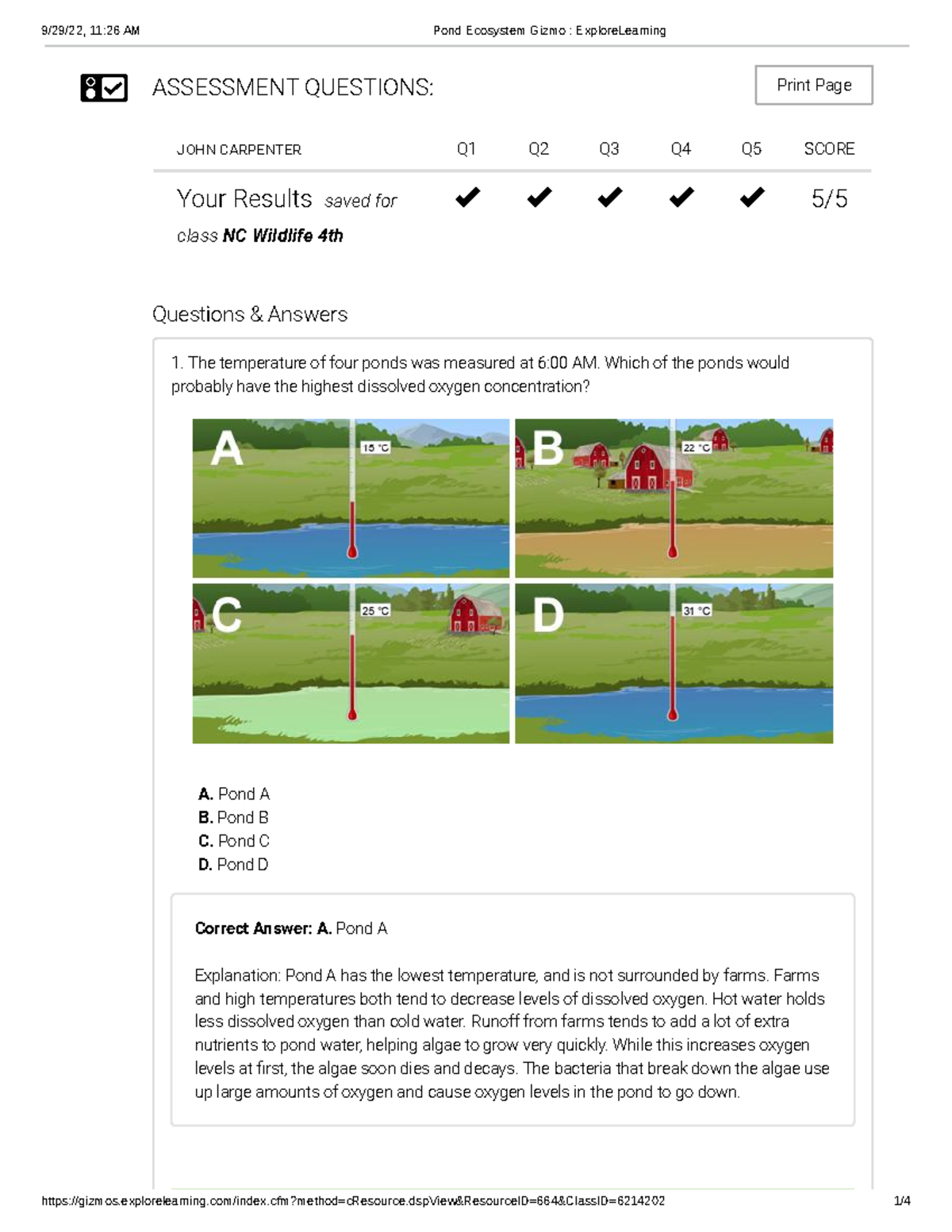 Pond Ecosystem Gizmo Explore Learning - ASSESSMENT QUESTIONS: Print Page JOHN CARPENTER Q1 Q2 Q3 ...