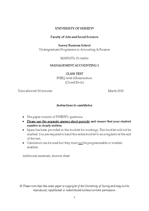 Class test resit 2018 - UNIVERSITY OF SURREY© Faculty of Arts and ...