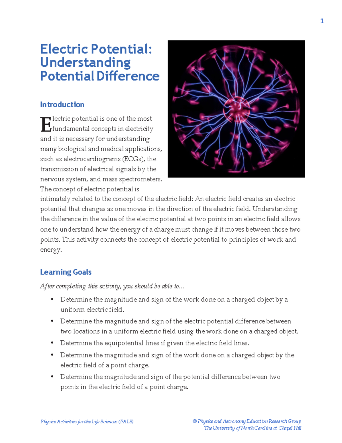115-8 Electrical Potential I - 1 Physics Activities for the Life ...