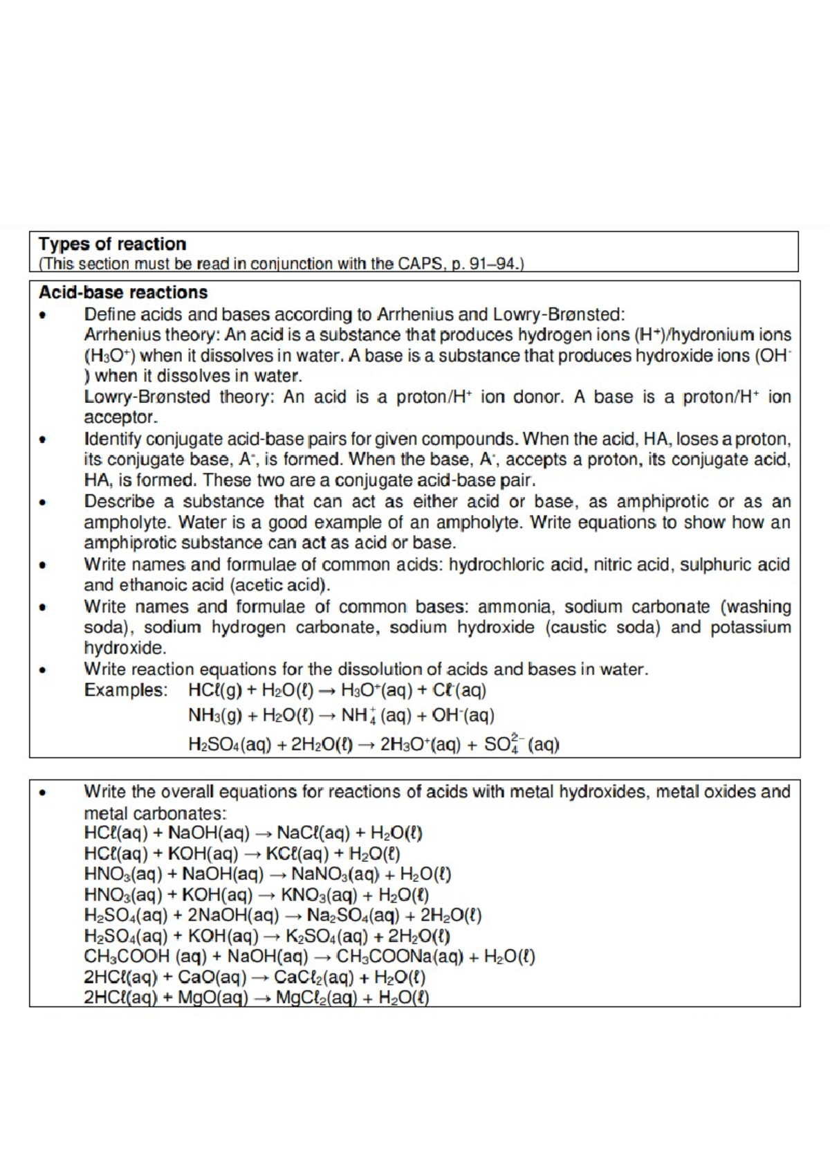 Acids AND Bases - Types of reaction (This section must be read in ...