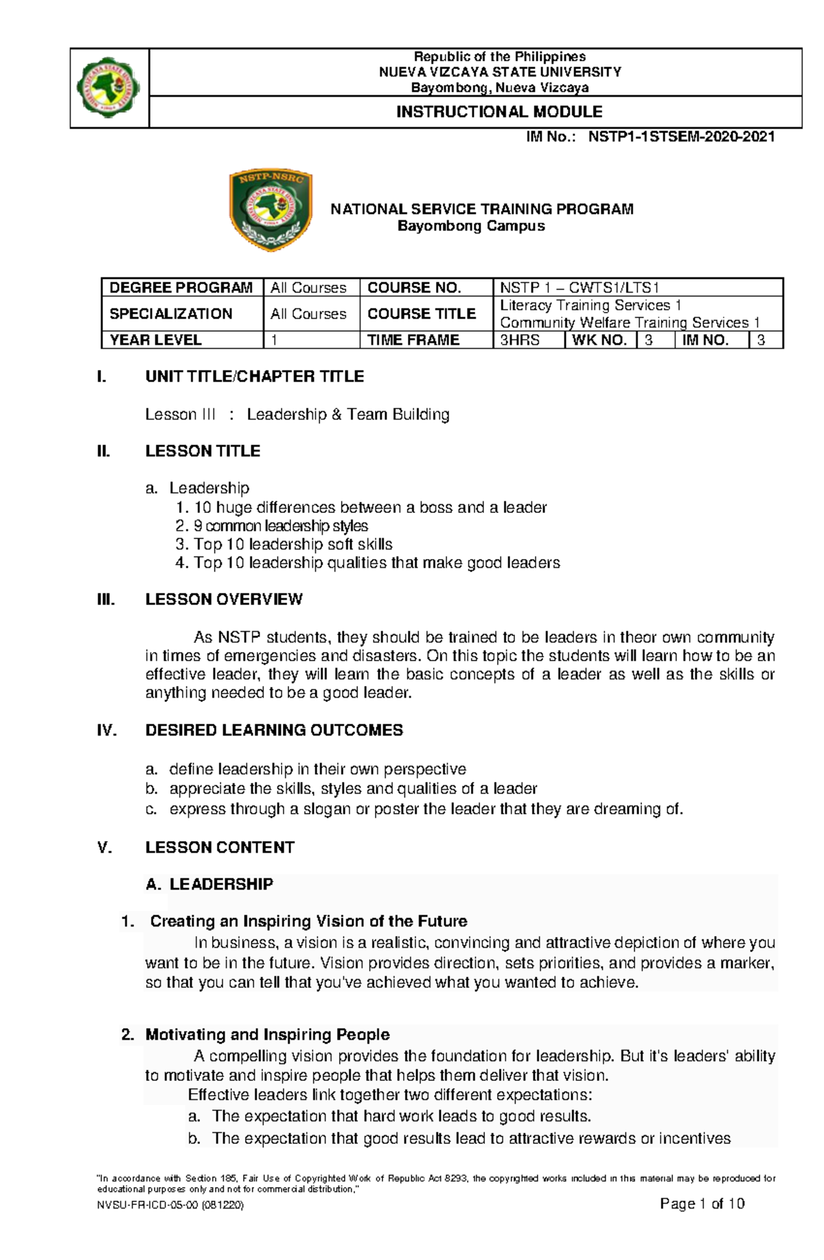 Module 3 Leadership - Lecture notes 3 - NUEVA VIZCAYA STATE UNIVERSITY ...