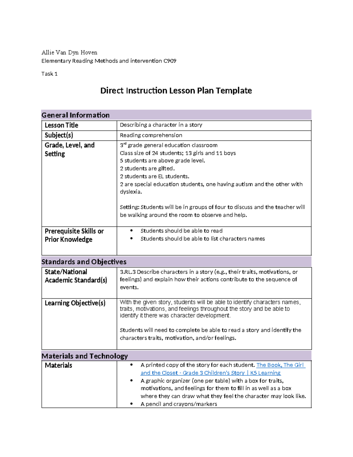 C909 task 1 - Task 1 C909 - Allie Van Dyn Hoven Elementary Reading Methods and intervention C ...
