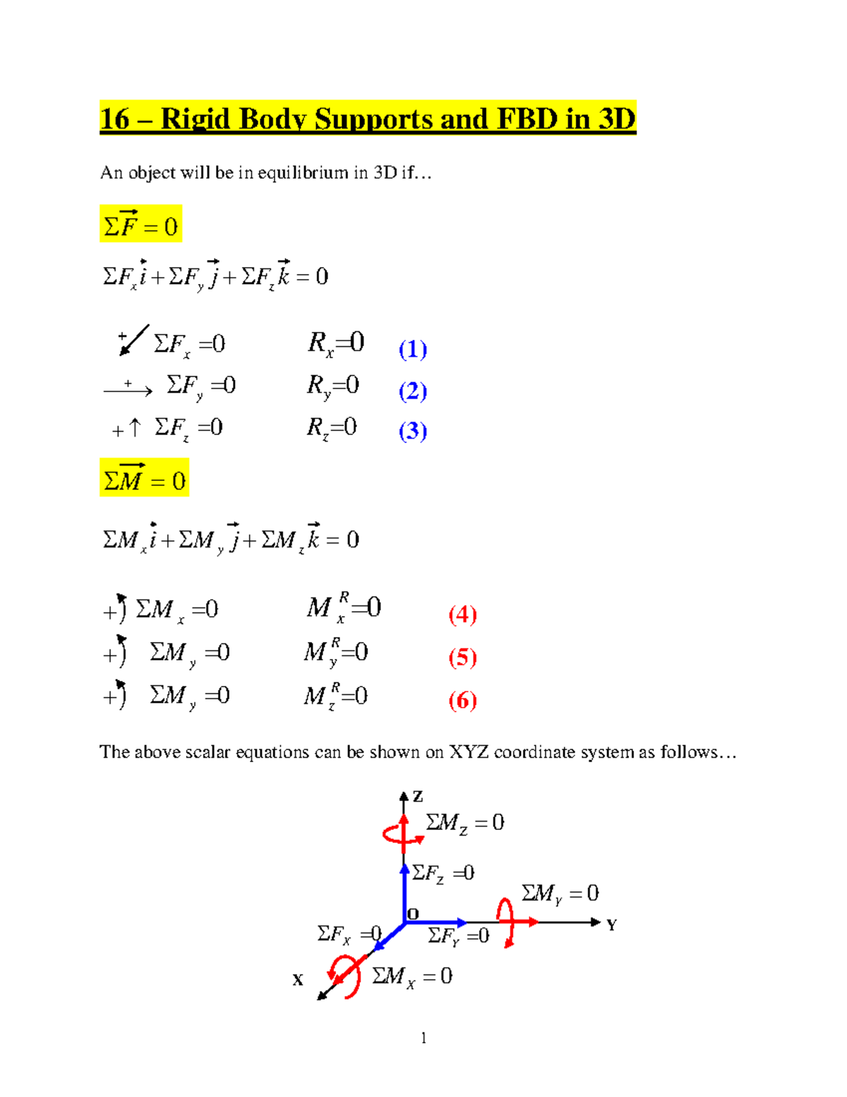 16 Rigid Body Supports And Fbd In 3d Σf 0 Σ Fx I Σfyj Σfzk 0 Σ
