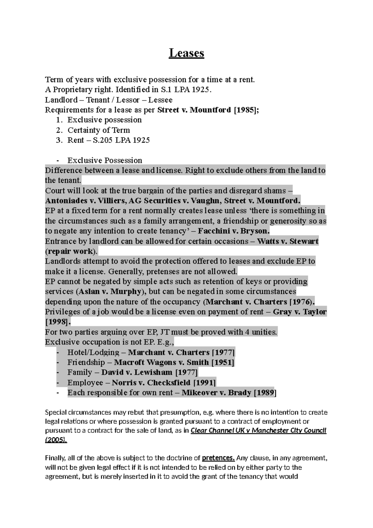 Leases Hasnat bahi-Tils notes - Leases Term of years with exclusive ...