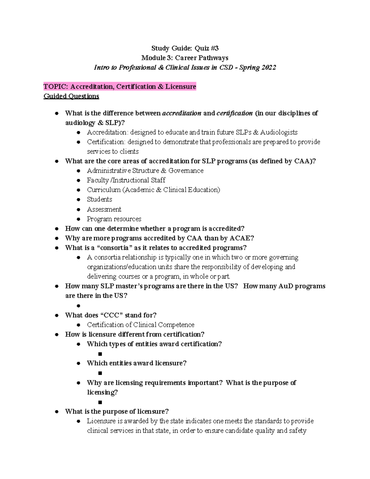 CSD study guide quiz #3 - Study Guide: Quiz # Module 3: Career Pathways ...