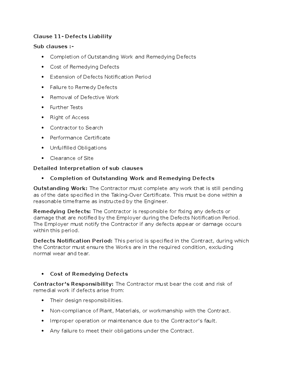 Clause 11 - Clause 11- Defects Liability Sub clauses :- Completion of ...