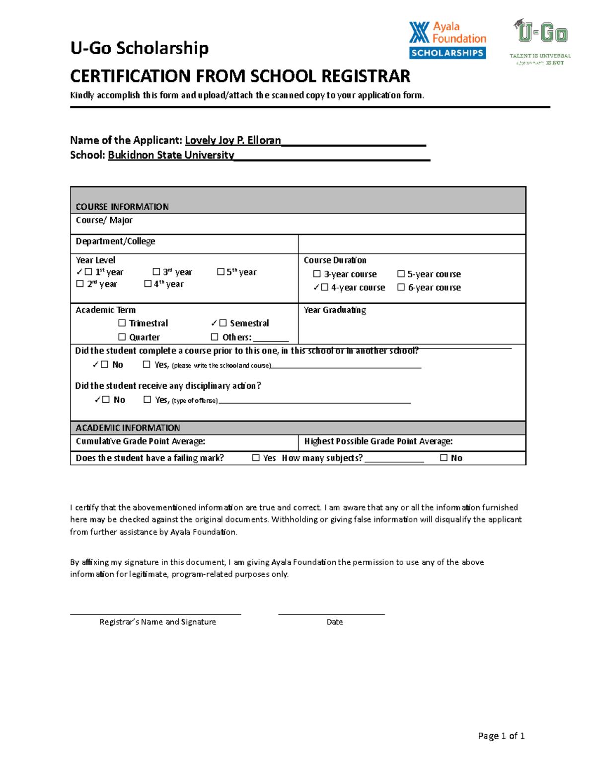 Certification from School Registrar U-Go Scholarship - U-Go Scholarship ...